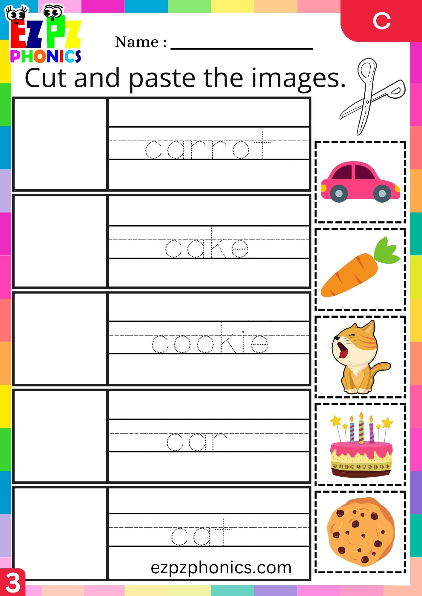 Letter c Cut and Paste the Images Activity for Kids Group 3 - ezpzphonics.com